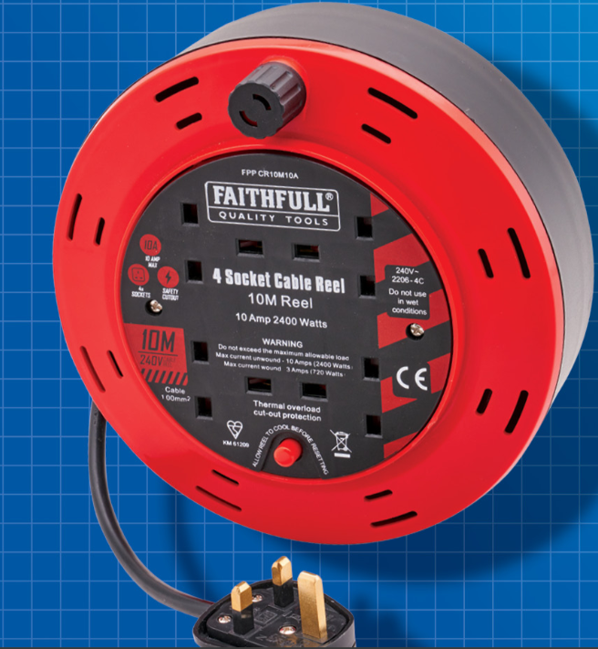 Faithful Cassette Cable Reel 10m 4 Socket 240v / 10a
